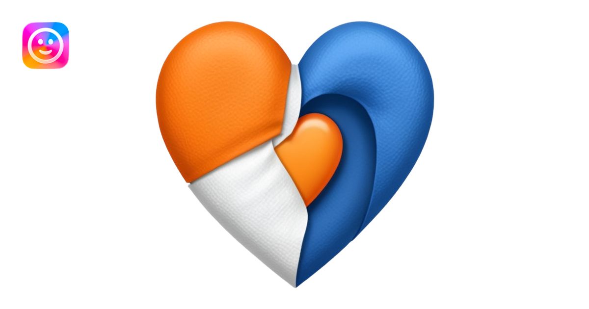 Half dark blue half orange heart split vertically, a white gauze ...
