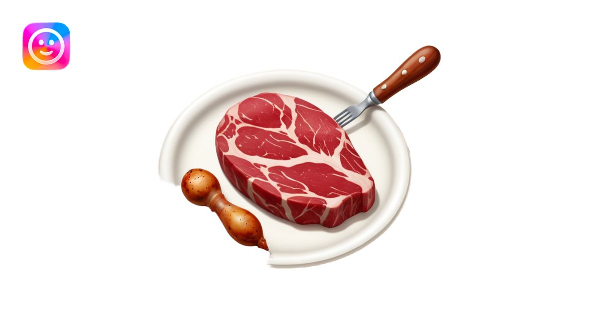 A raw red steak with visible marbling placed next to a small chicken ...