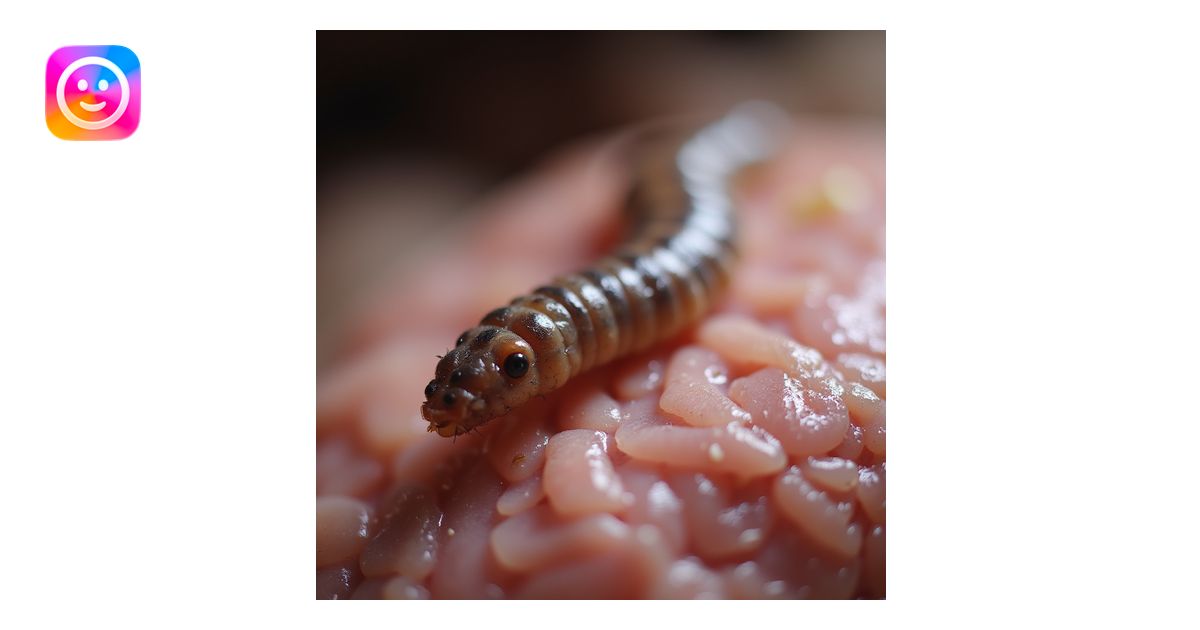 detailed macro of an intestinal parasite worm on pig intestinal tissue ...