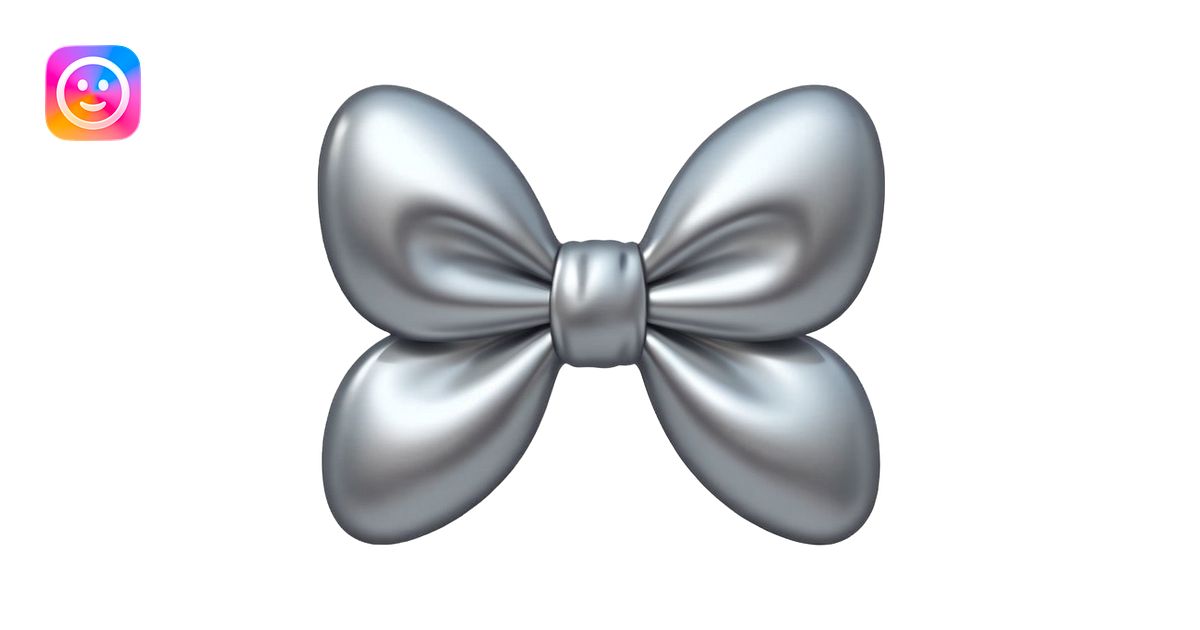 A cute bow emoji made of polished silver chrome, smooth rounded loops ...
