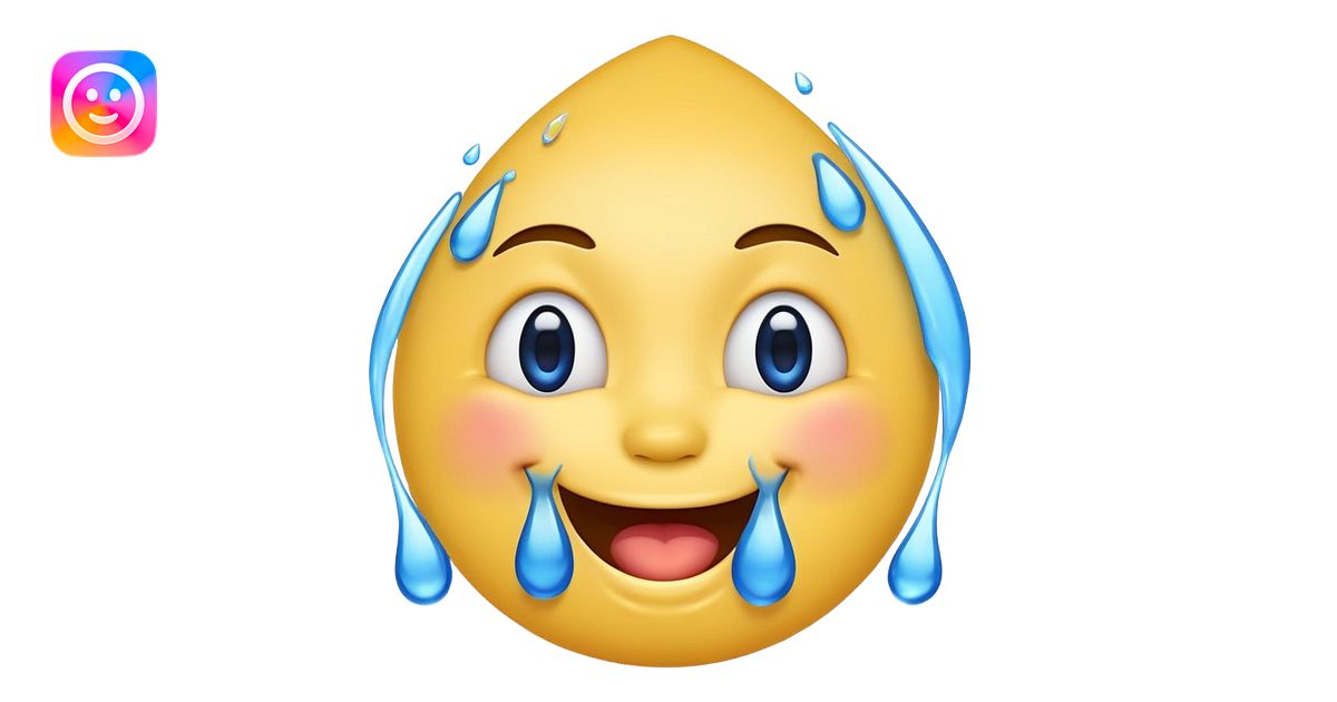 Emoji, yellow round laughing face, blue tears of joy on it. 2 big blue ...