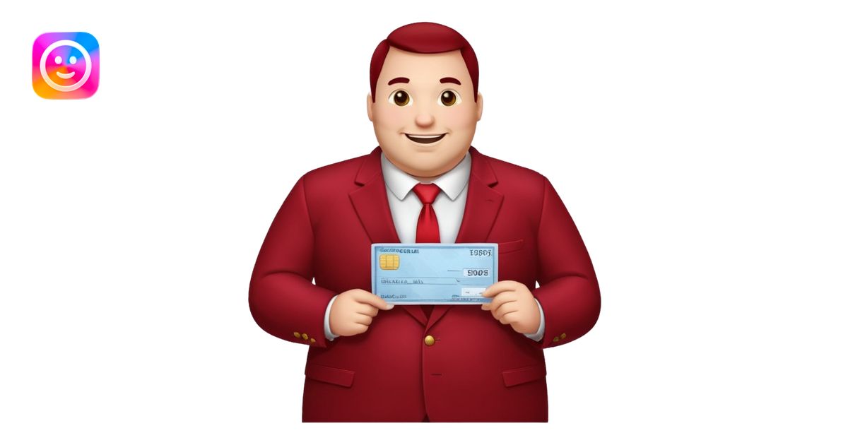 big fat guy bold head in dark red velvet suit holding cheque emoji | AI ...