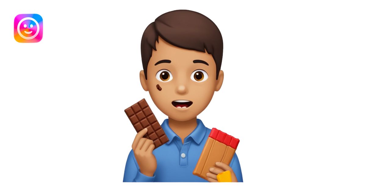A boy holding a chocolate bar with him chewing on the bite he took ...
