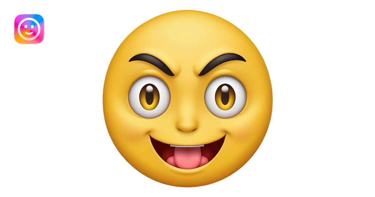 A yellow round face emoji smirking with its tounge out but the eyes are ...