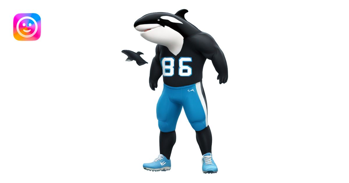 Orca wearing a blue football jersey with muscles emoji | AI Emoji Generator