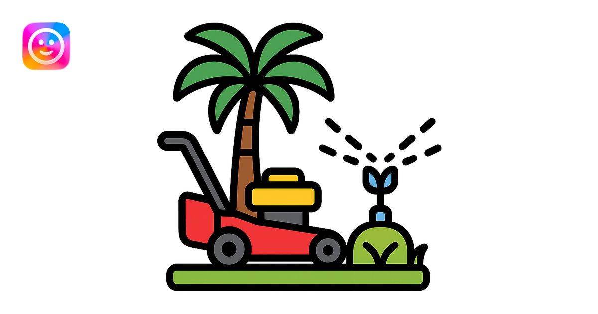 lawn care service icon with lawn mower on grass, palm tree behind ...