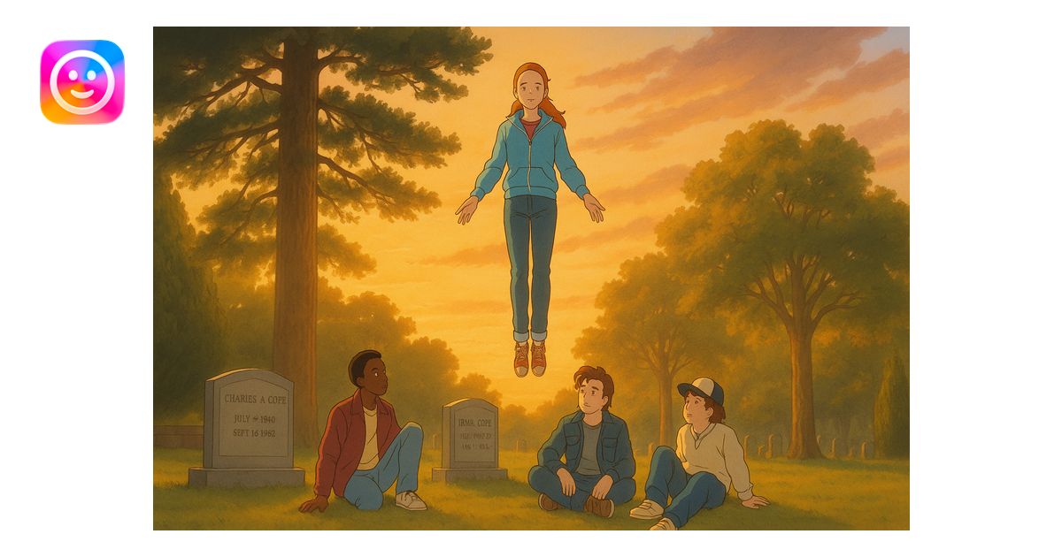 Max from Stranger Things levitating in the cemetery at sunset, warm ...