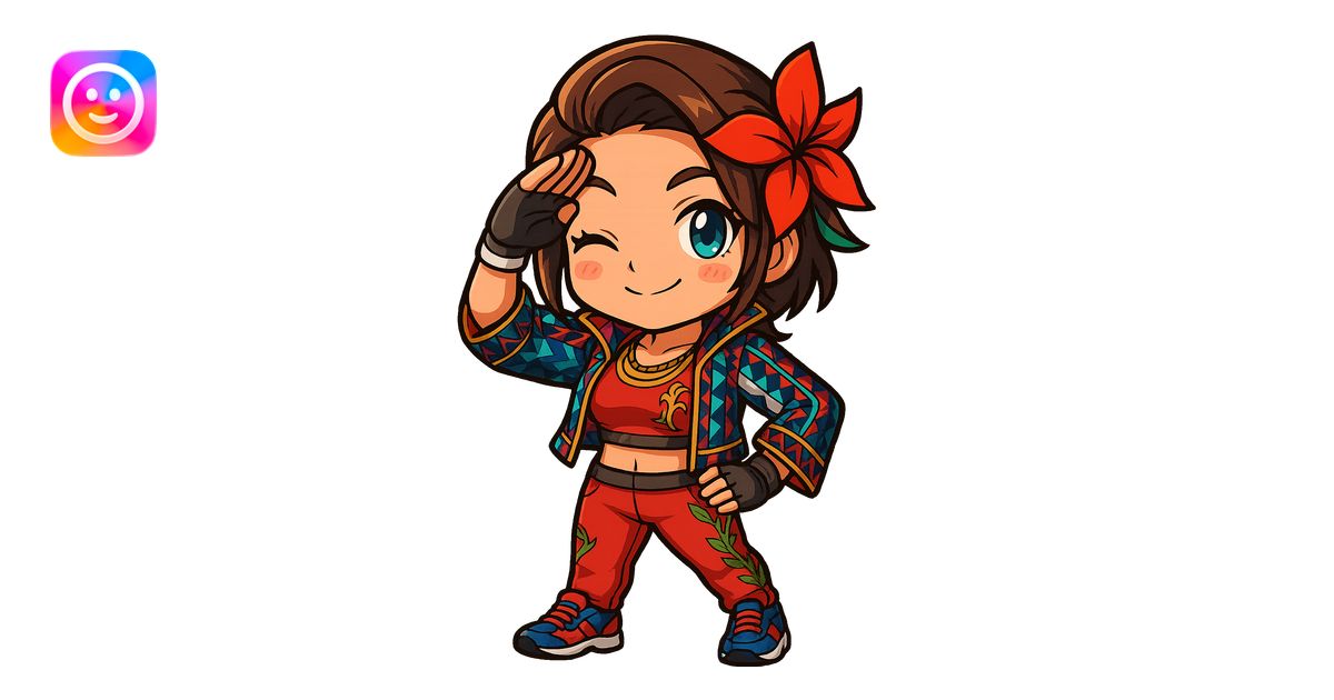 Azucena from Tekken 8 in chibi sticker style, giving a salute, wearing ...