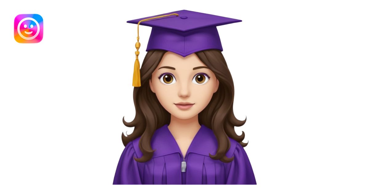 pretty brunette with long wavy hair wearing a purple graduation cap and ...