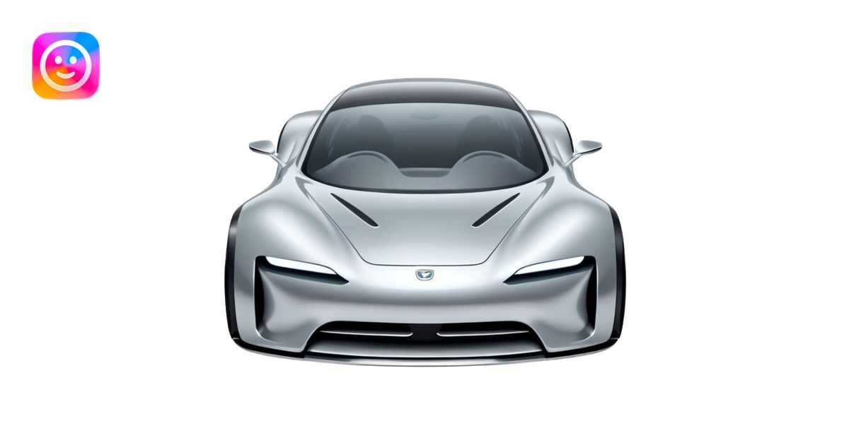A low-profile futuristic car emoji made of polished silver chrome, wide ...