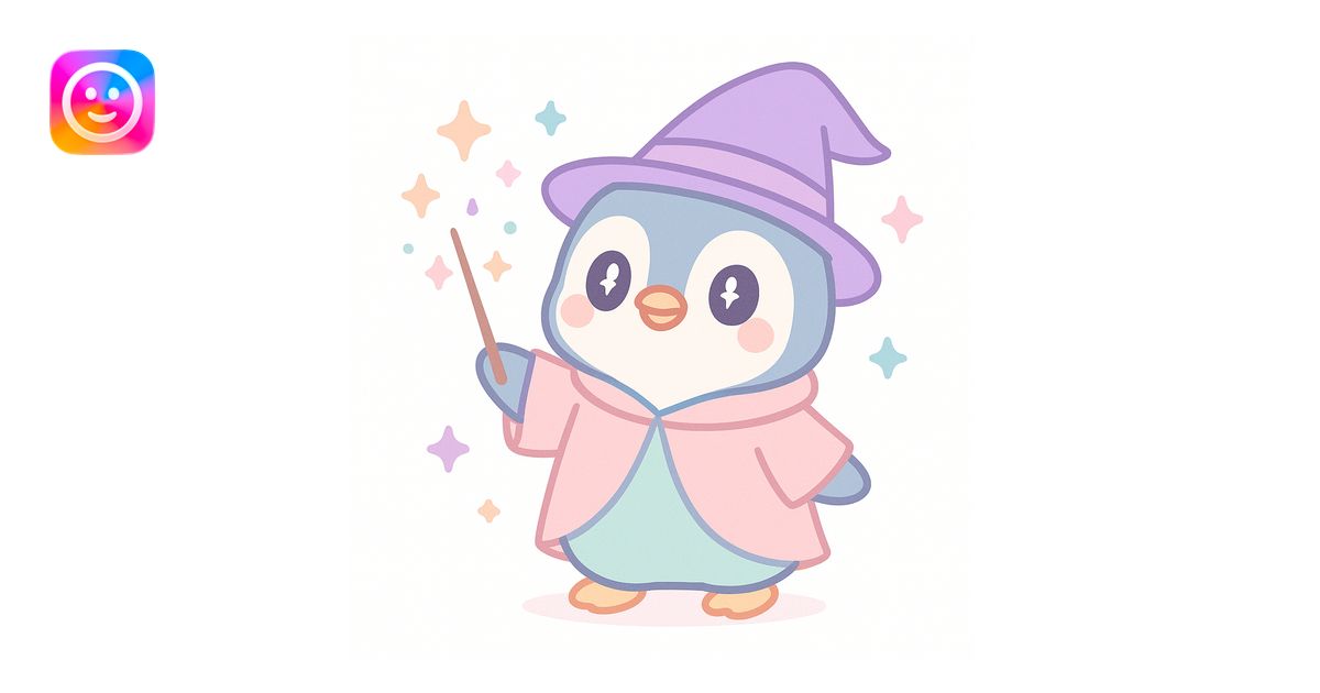 cartoon penguin wizard casting a spell, wearing robe, holding wand ...