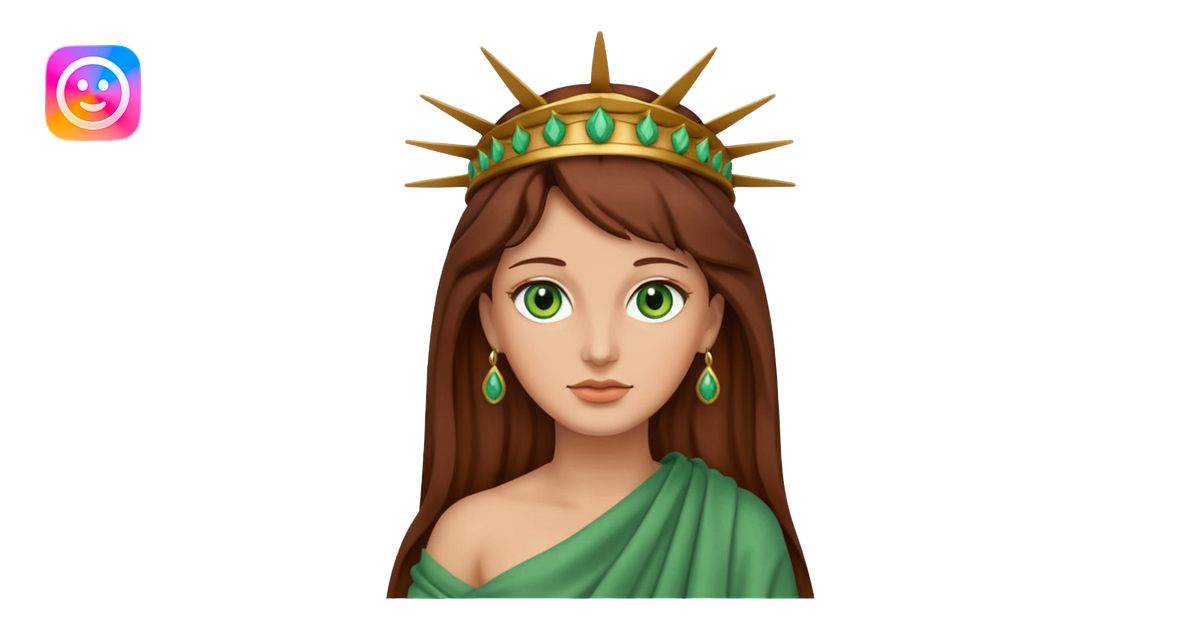 Lady Liberty with green eyes, brown hair emoji | AI Emoji Generator