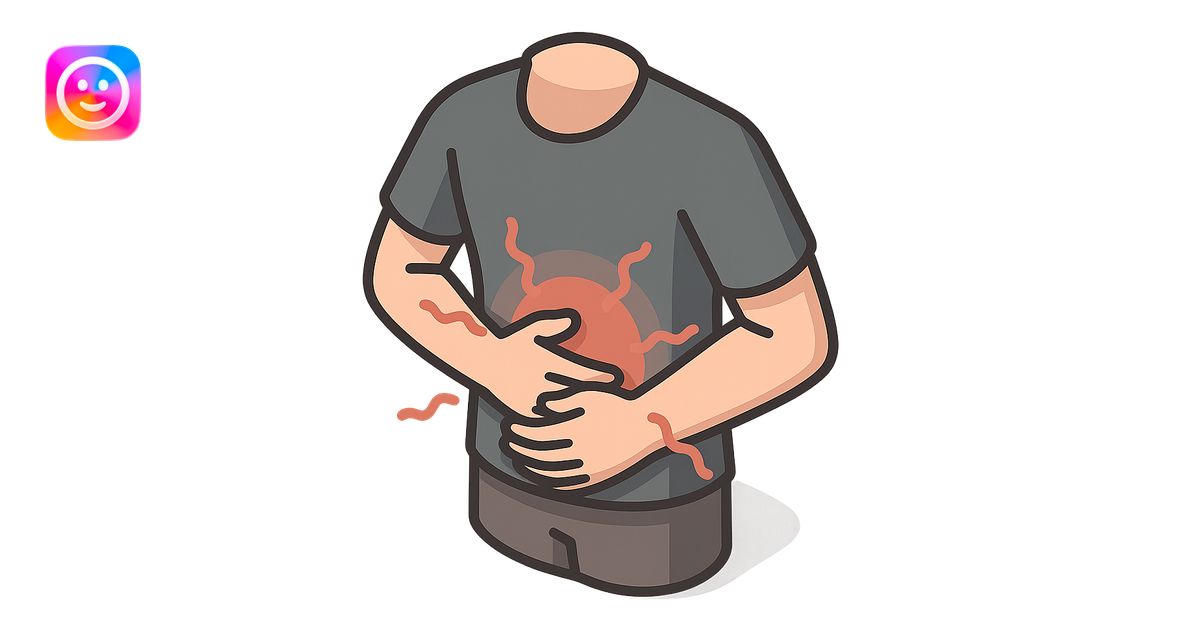 torso of a little person holding a painful stomach, grimacing in pain ...