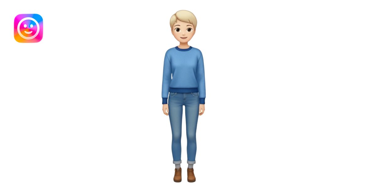 woman full body standing short pixie hair jeans sweater smile emoji ...