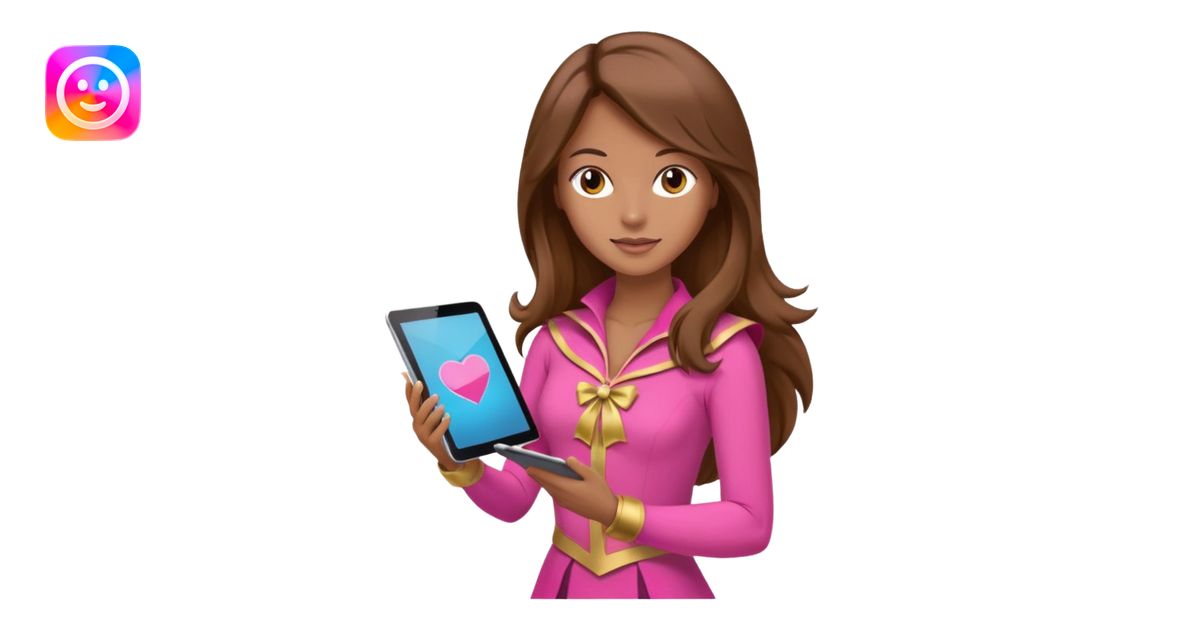 woman with brown long hair and pink costume with tablet emoji | AI ...