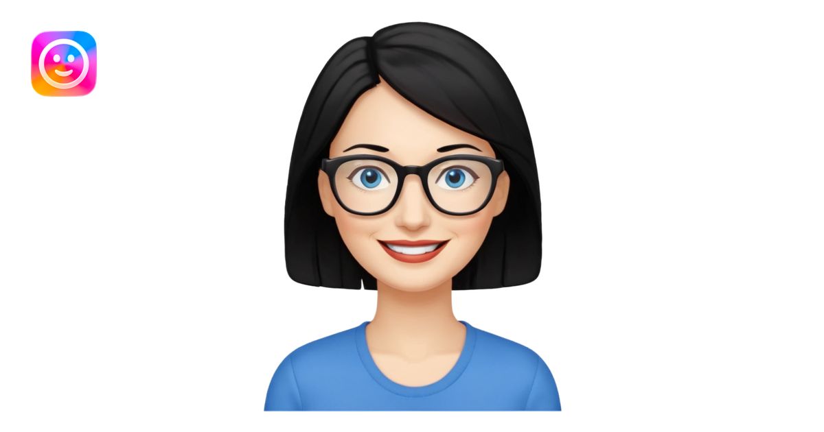woman 50 years old, black hair, blue eyes, glasses emoji | AI Emoji ...