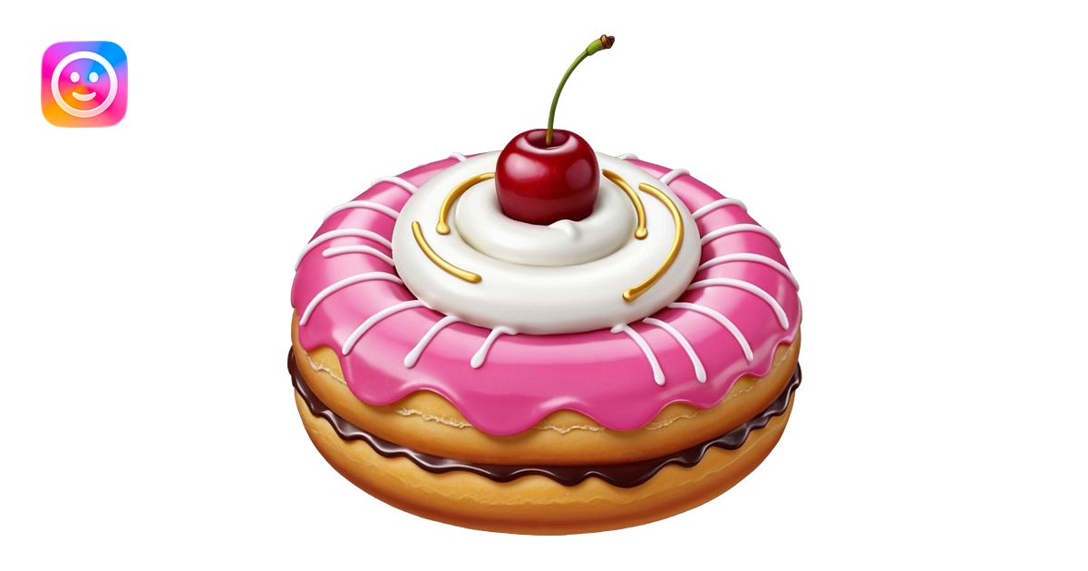 Round donut with smooth shade pink icing and thin white drizzle lines ...