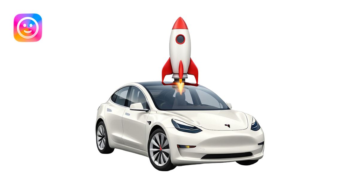 Tesla model 3 white. Rocket boost on roof emoji | AI Emoji Generator