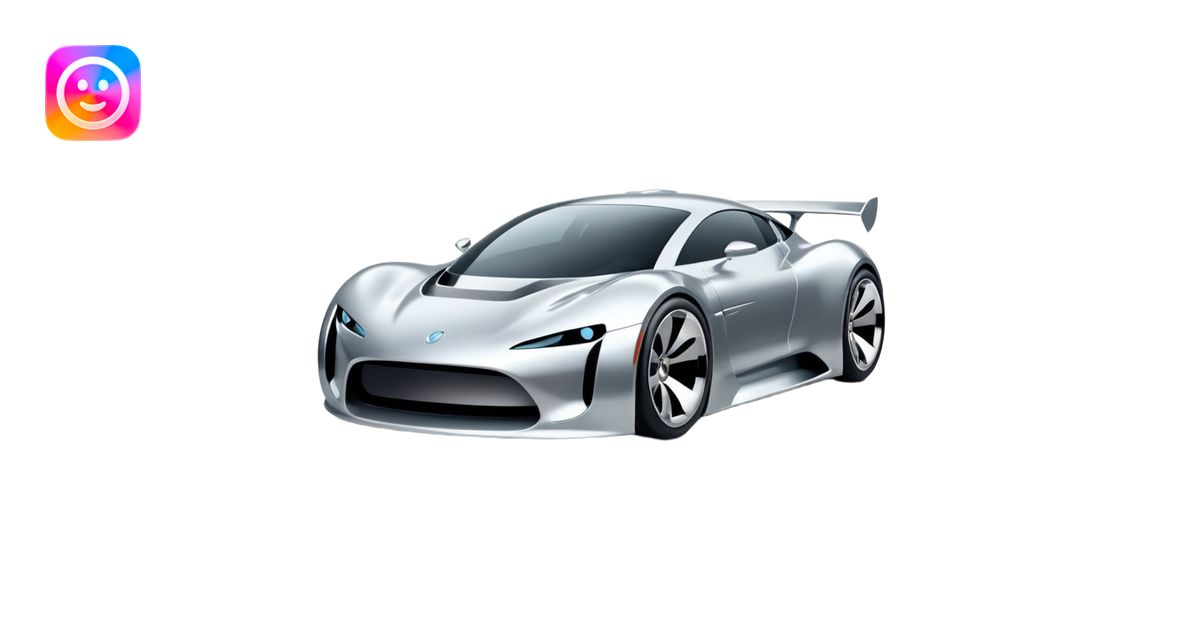 A low-profile futuristic car emoji made of polished silver chrome, wide ...