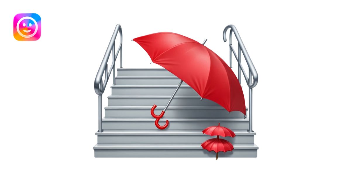 Red umbrella on stair railing, Lost Umbrellas. emoji | AI Emoji Generator