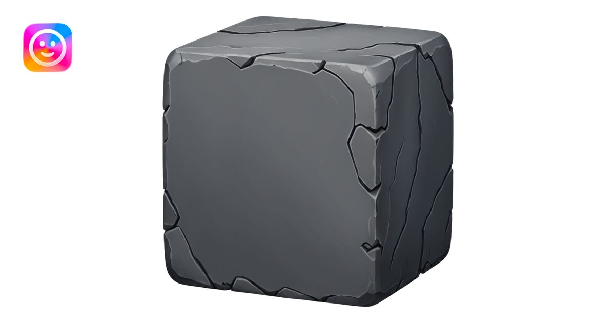 Create a dark gray stone cube, worn and weathered, with rounded and ...