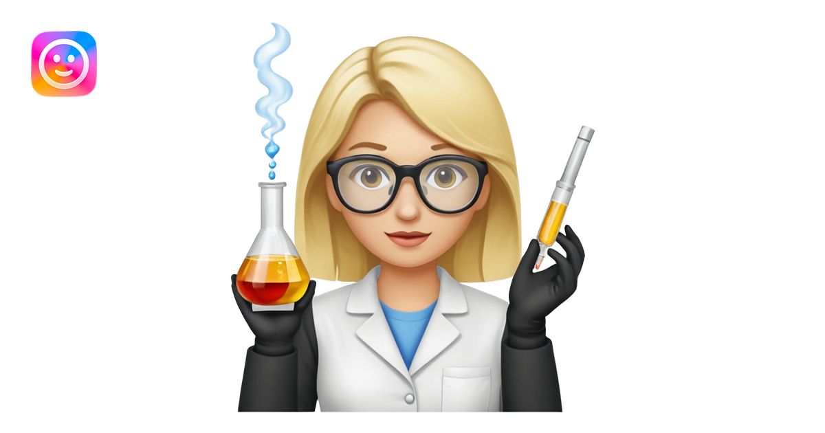Eine hellblonde Chemikerin mit typischem Erlmeyerkolben in der Hand und ...
