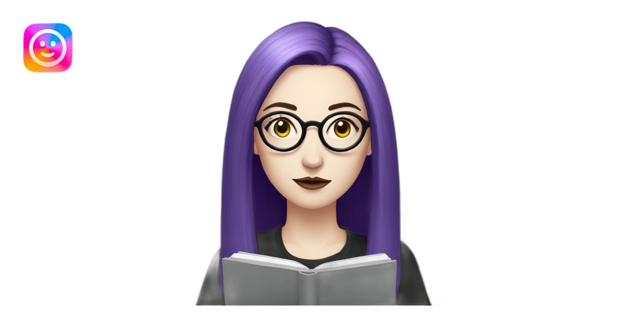goth woman with long side parted purple hair and oval glasses, pale ...