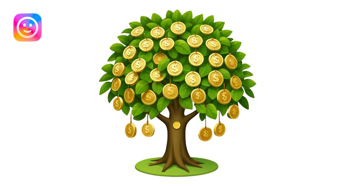 Apple-style money tree (not so mush coins), round soft green canopy. No ...