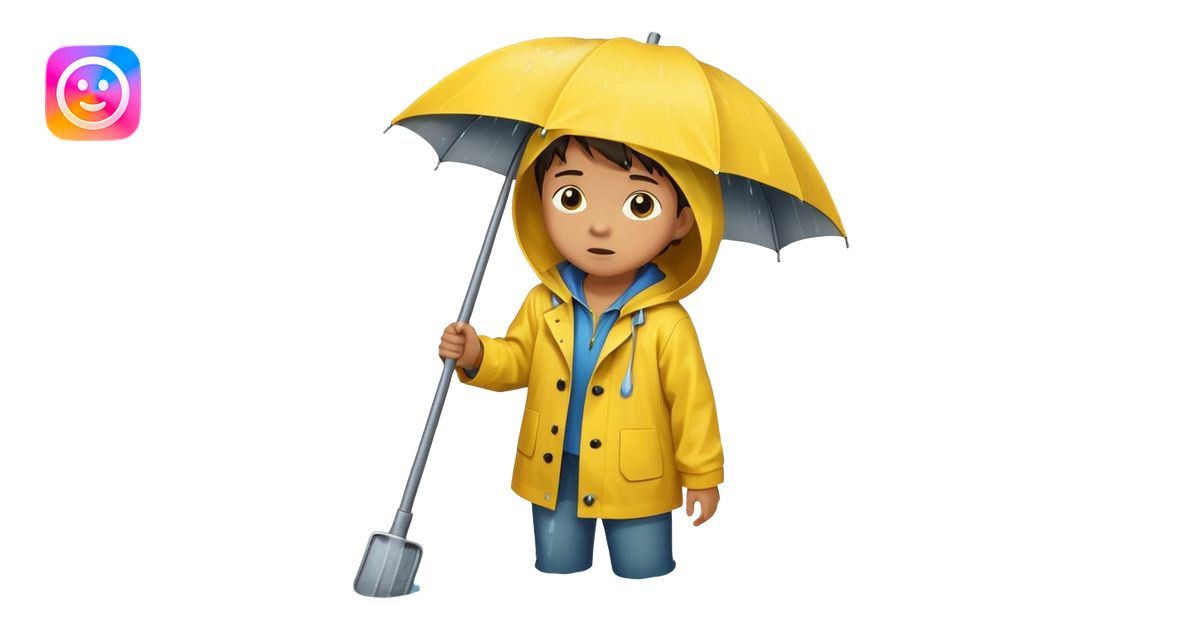 Enfant a caouet jaune se penchant vers un égout et il pleut emoji | AI ...