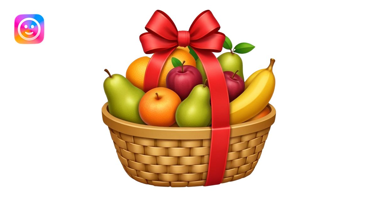 A luxury basket with wrapped fruits and ribbon bow. 
