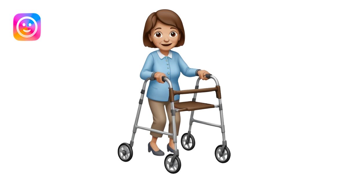 Old woman with brown hair with a walker emoji | AI Emoji Generator