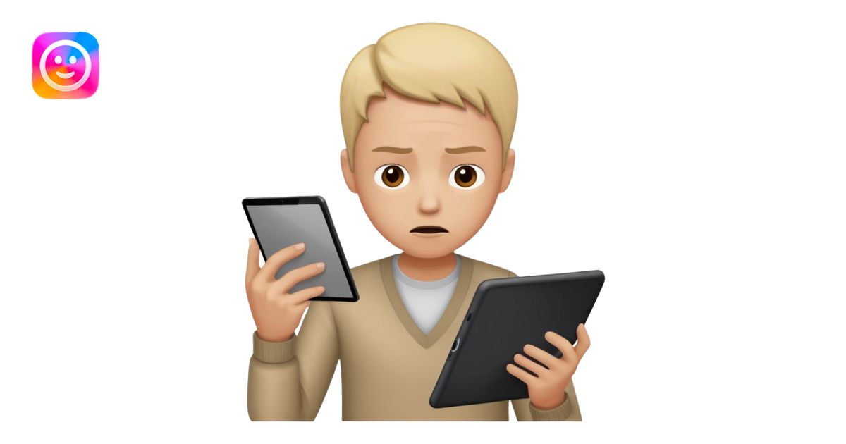 emoji holding and drawing on tablet, looking down at screen in ...
