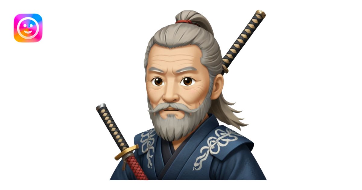 Elder samurai with beard polishing blade emoji | AI Emoji Generator