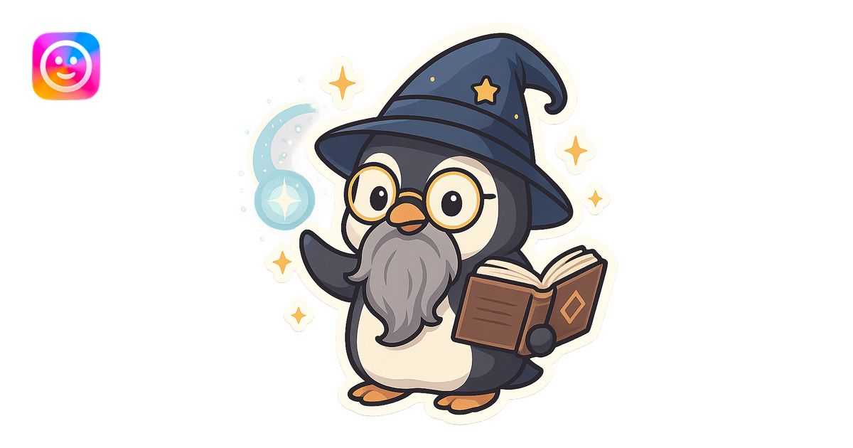 a cartoon penguin wizard with glasses, a long beard, and a spellbook ...