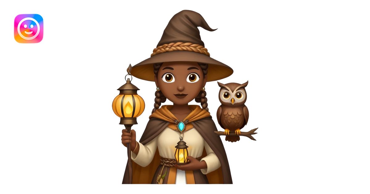 woodland emoji character, dark skin woman with braids dressed as owl ...
