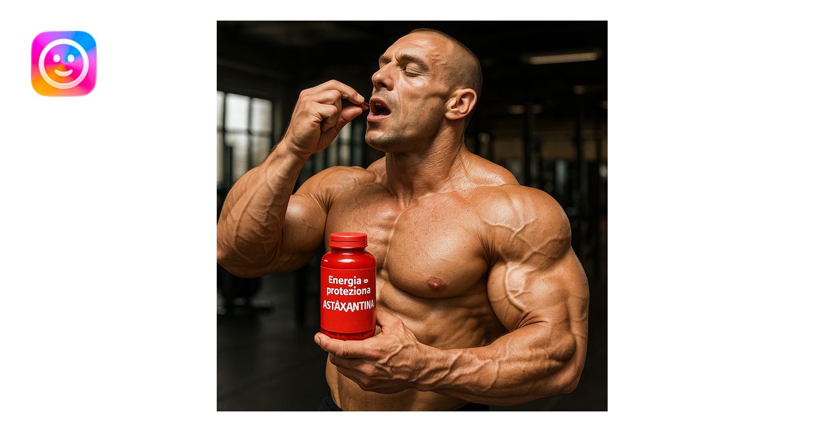 hyper realistic bodybuilder taking astaxanthin before workout, well ...