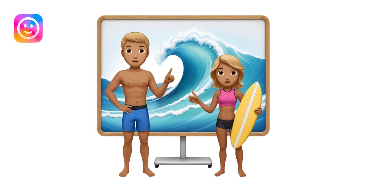 icon of a surf instructor teaching, pointing to a whiteboard with a ...