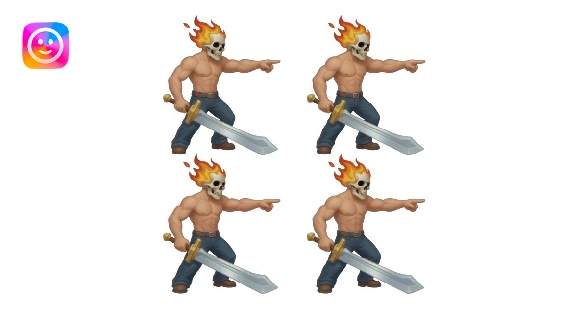 A 4 stage sprite sheet of a man with a burning skull head, show the 4 ...