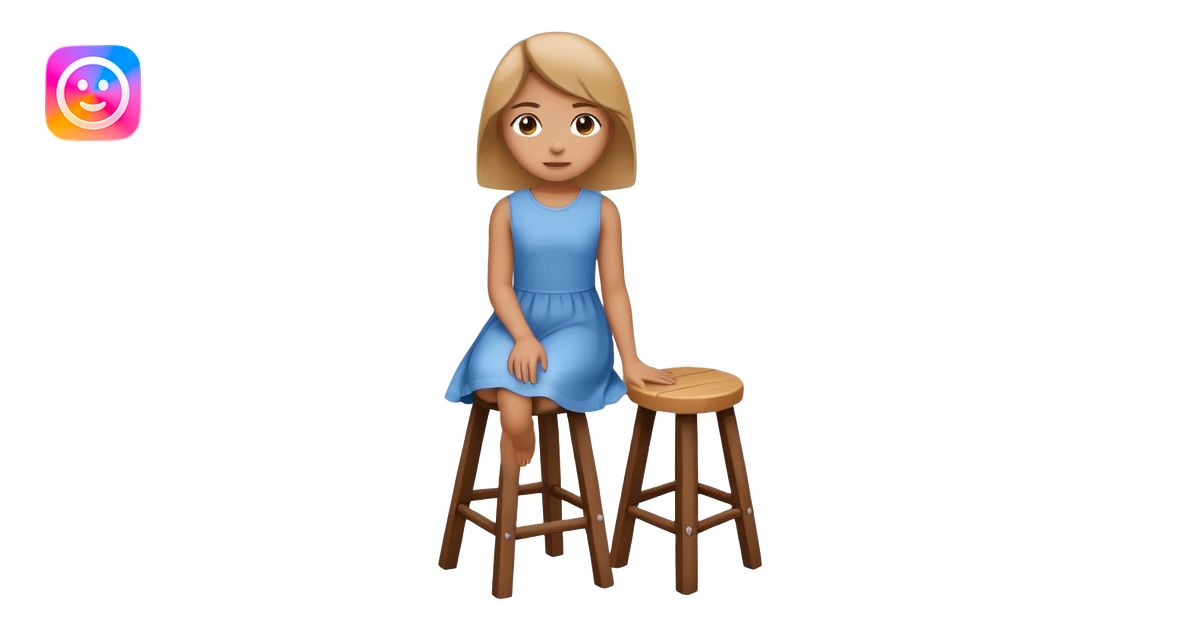 A vector emoji icon of a young girl sitting on a simple wooden stool ...
