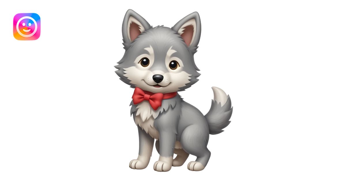 an animated gif-style sticker emote of a wolf puppy in a play bow ...