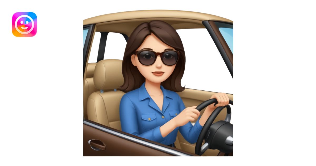 Brunette woman driving car like crazy. NewHappy face confidence emoji ...