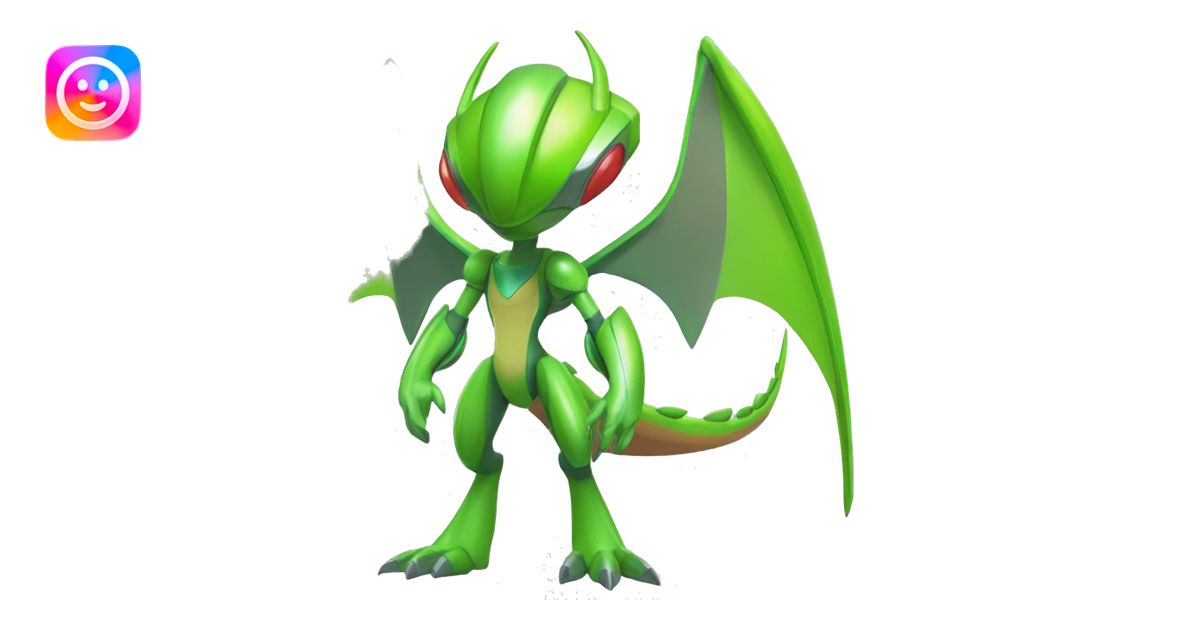 a shiny green Genesect-Flygon-Raptor-Fakémon—hybrid with a futuristic ...