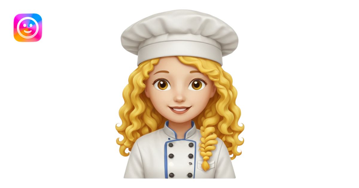 girl, yellow Long curly hair, happy, wearing chef uniform and chef hat ...