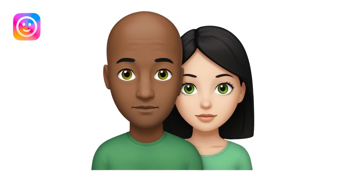 Black bald guy with brown eyes & a white girl balcky hair with green eyes emoji | AI Emoji Generator