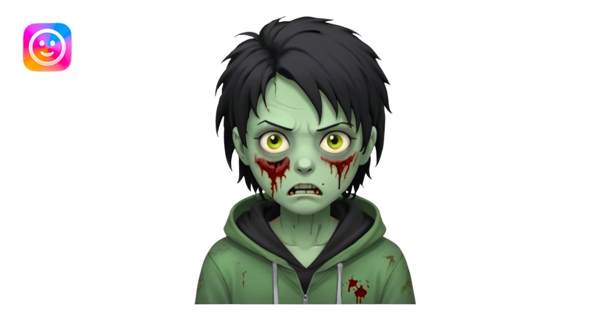 zombie with black messy hairstyle, tired face, bruises under the eyes ...