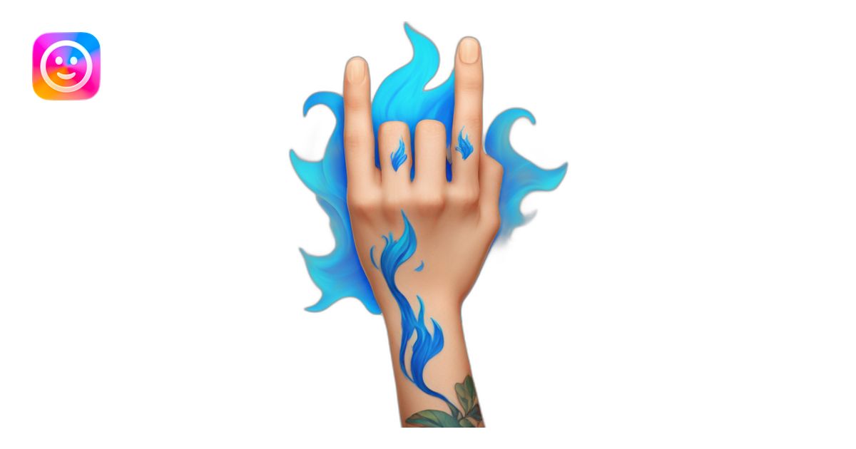Hands up with blue flame tattoos on the forearm emoji | AI Emoji Generator