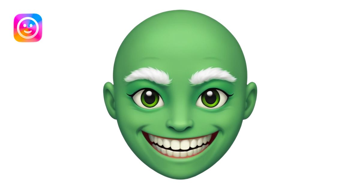 A bald person with bright green sclera and bright green teeth, grinning ...