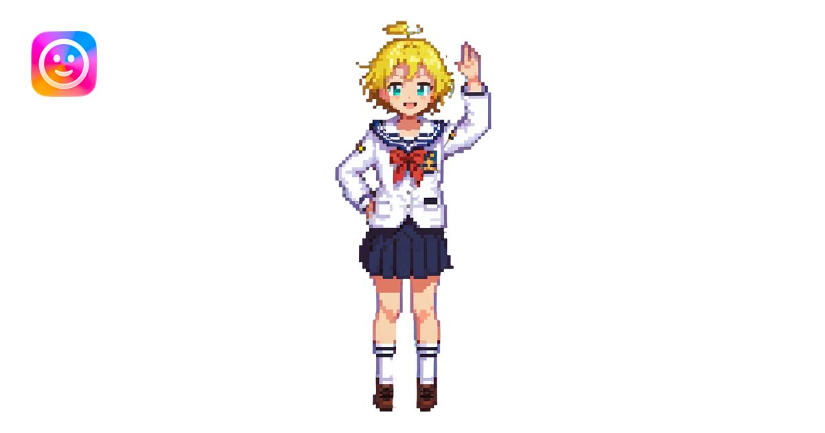 Pixel art anime girl with short bright yellow hair wearing Japanese ...