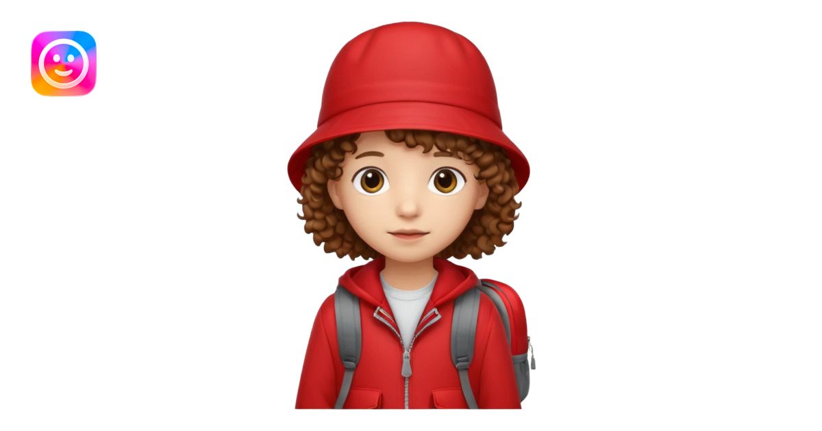 Little student brown curly hair, wears red bucket hat and jacket ...