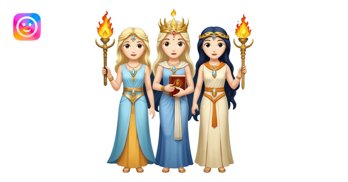 Three goddesses. one with a key, one with a torch, one with a book and ...